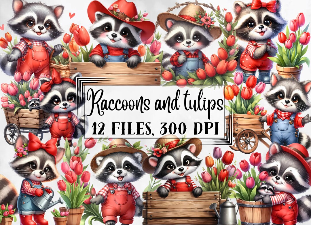 Buy Raccoons Clipart, Cute Raccoons Png, Tulips Clipart, Little ...