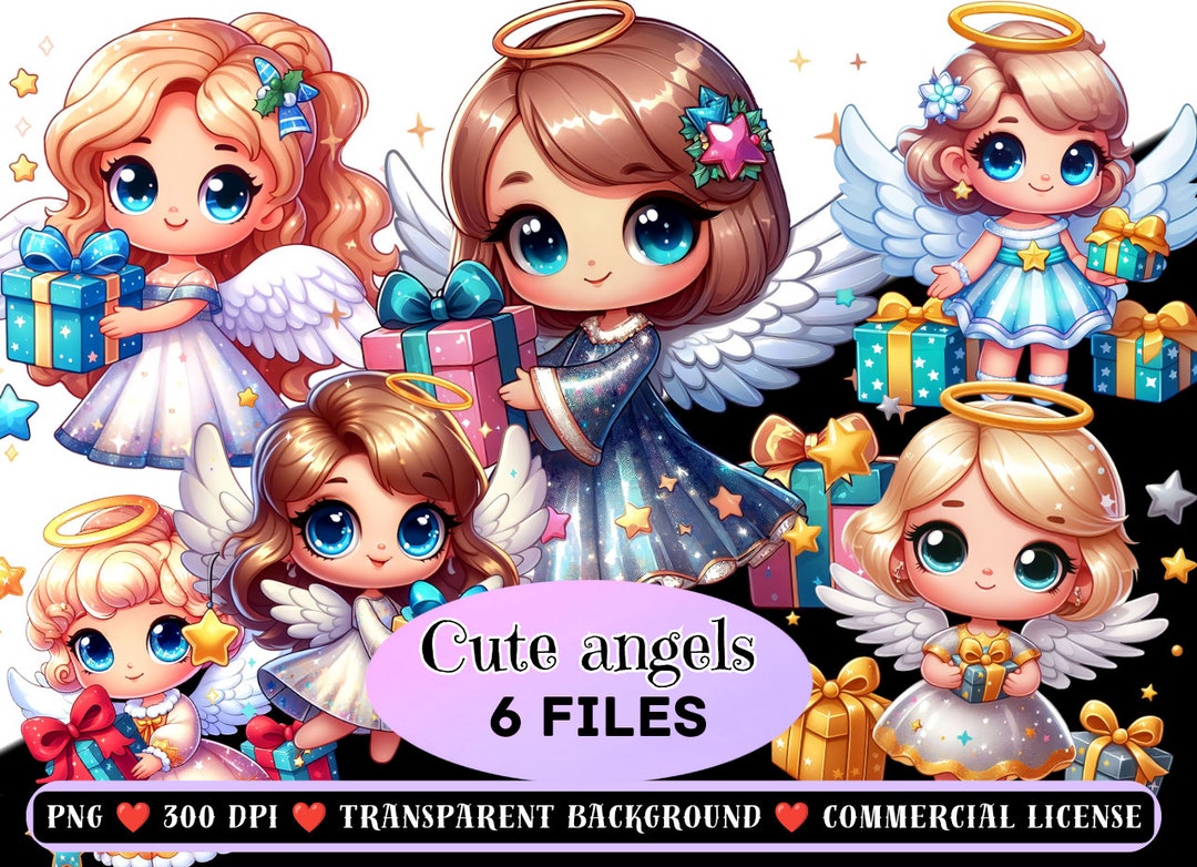 Angel Girl Png, Cute Angels in Dresses With Gifts, Angels Bandle Png ...