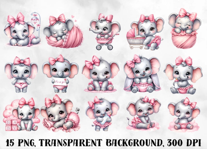 Elephants Clipart, Baby Girl Elephants Png, Elephants Sublimation, Vaby ...