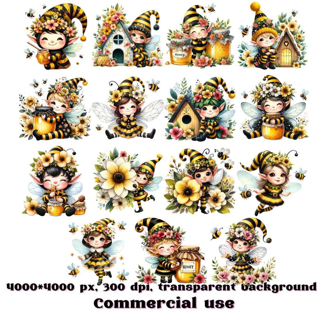 Cute Bee Elves Clipart, Bee Elf PNG, Spring Bee Characters, Cute Elf ...