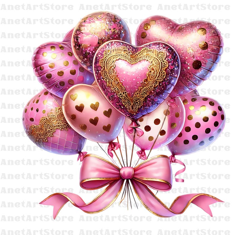 Valentine’s Day Balloon Bouquets Clipart Heart-shaped and Romantic ...