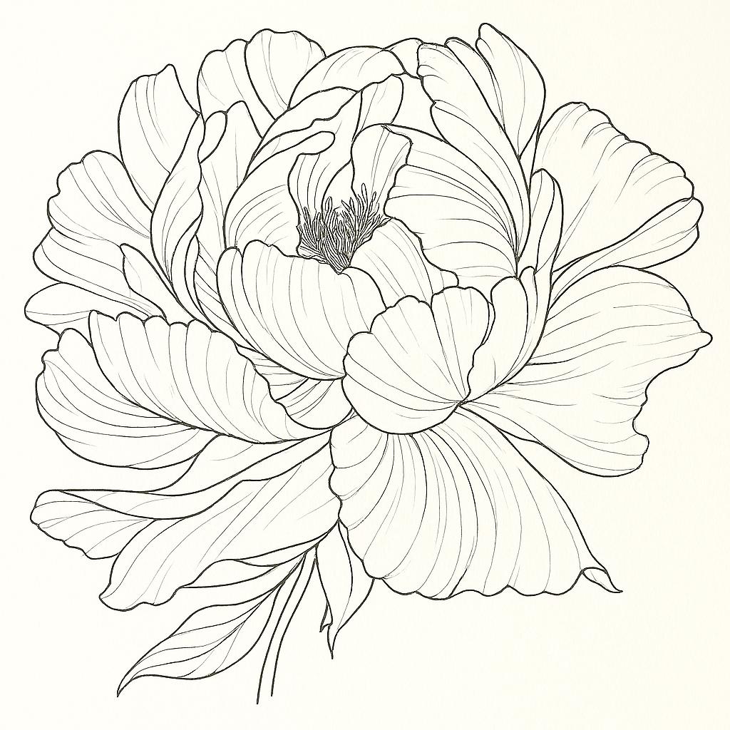 Outline Drawing Printable Coloring Page + Wall Art Pink Peony Oil ...