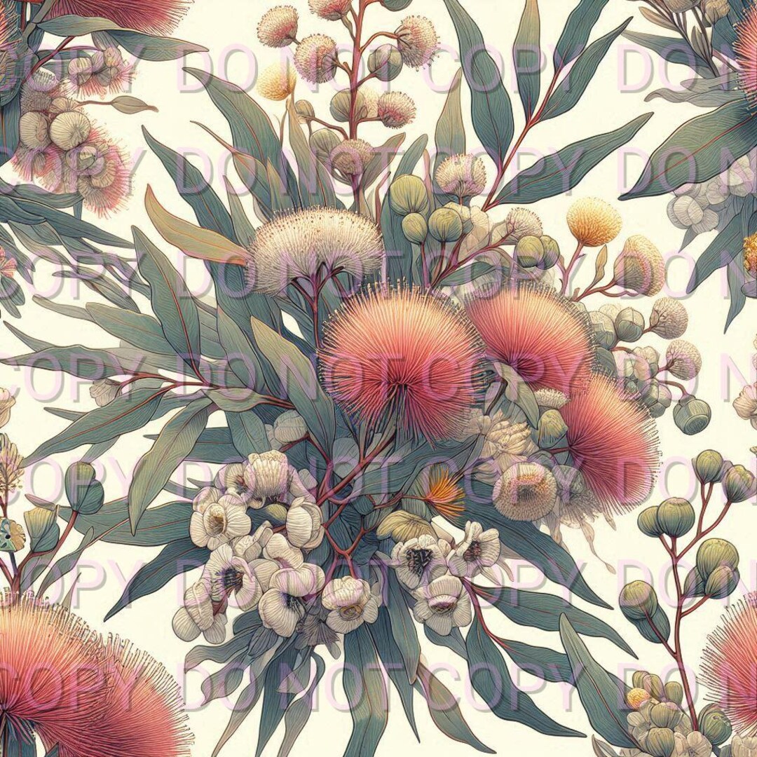 Eucalyptus and Wattle Flowers Seamless Repeating Pattern, Digital ...