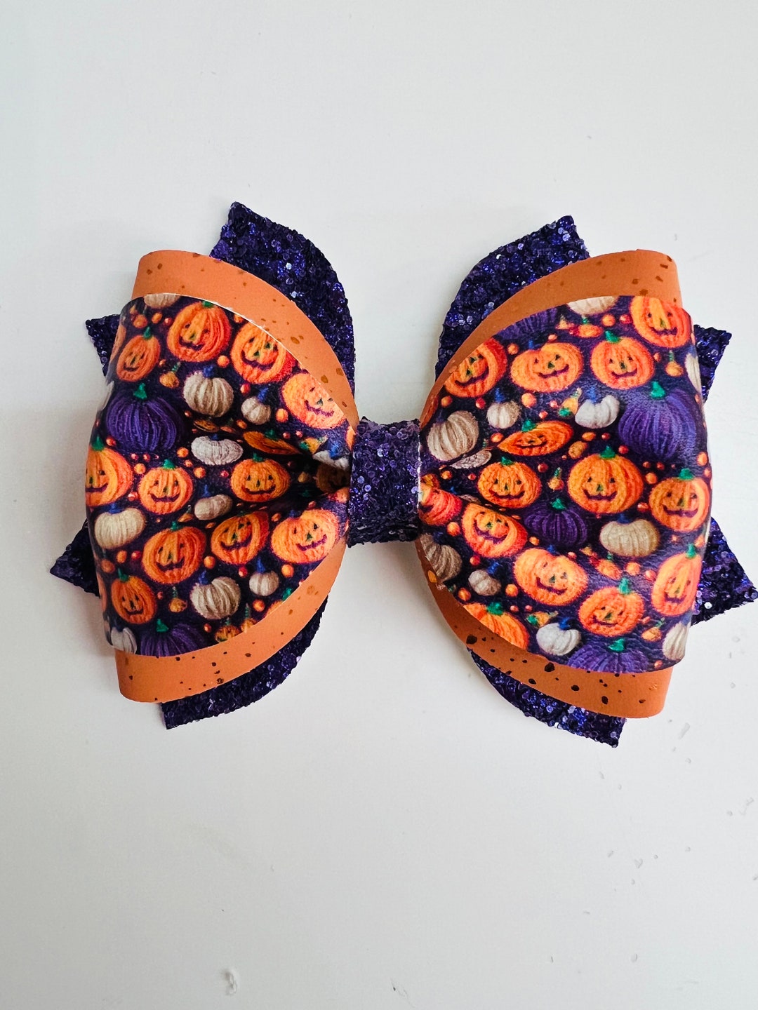 Halloween Bow: Embroidered Pumpkin Print, Glitter Tails - Etsy
