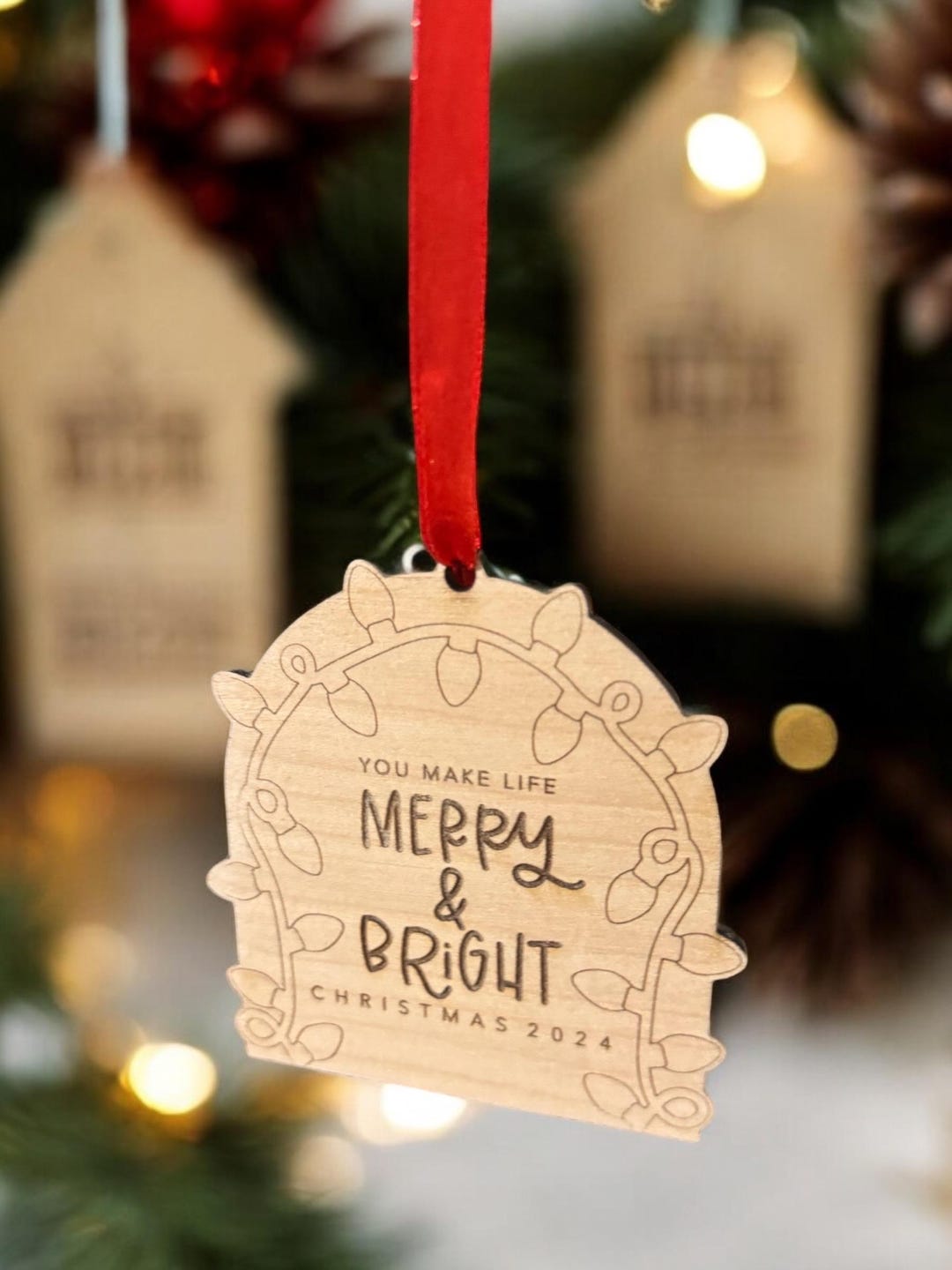 Customizable Wooden Christmas Ornament Merry & Bright Fingerprint ...