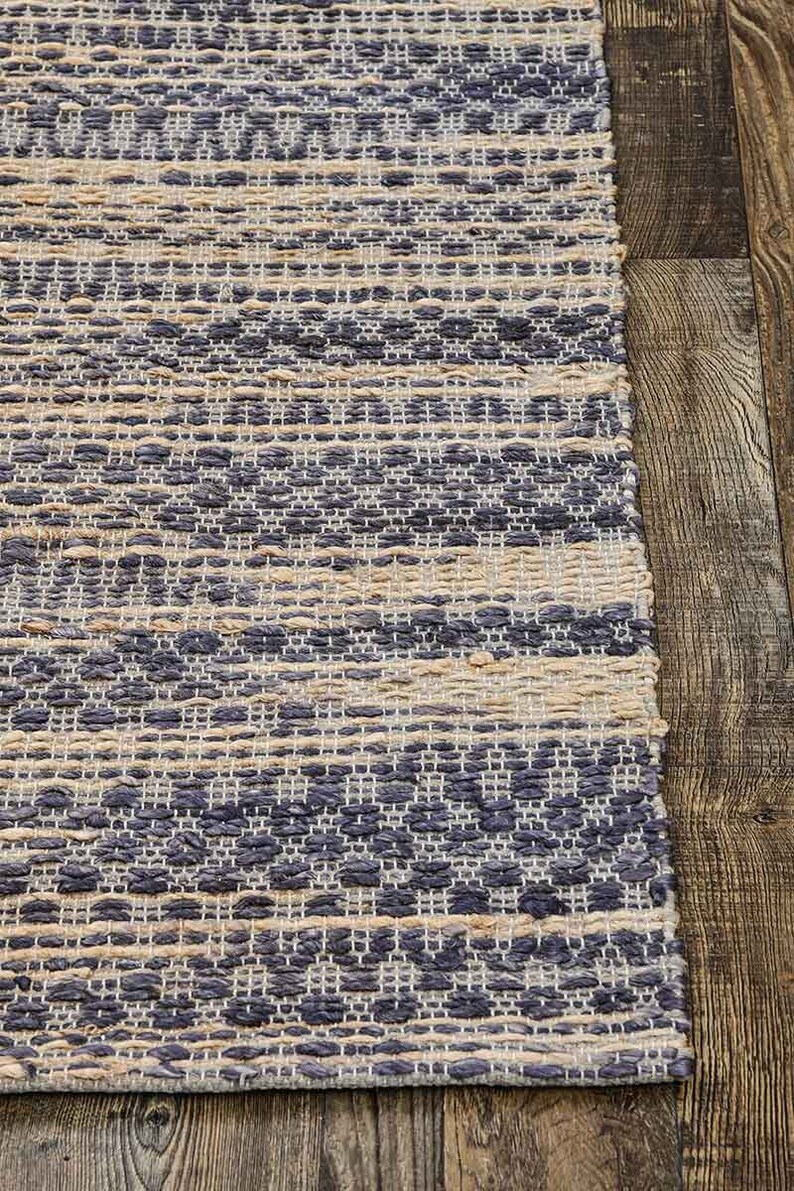 Hand Made Hand Woven Natural Jute Boho Denim Blue Natural Durrie ...