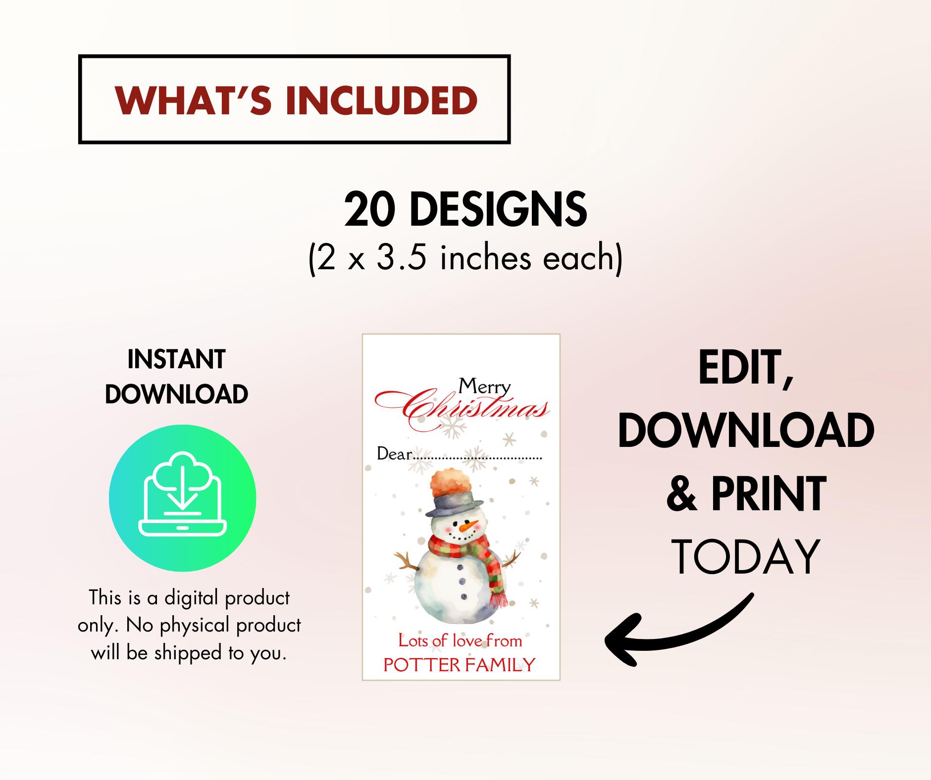 20 Editable Christmas Tags, Gift Tags Set, Watercolor Snowmen, Merry ...