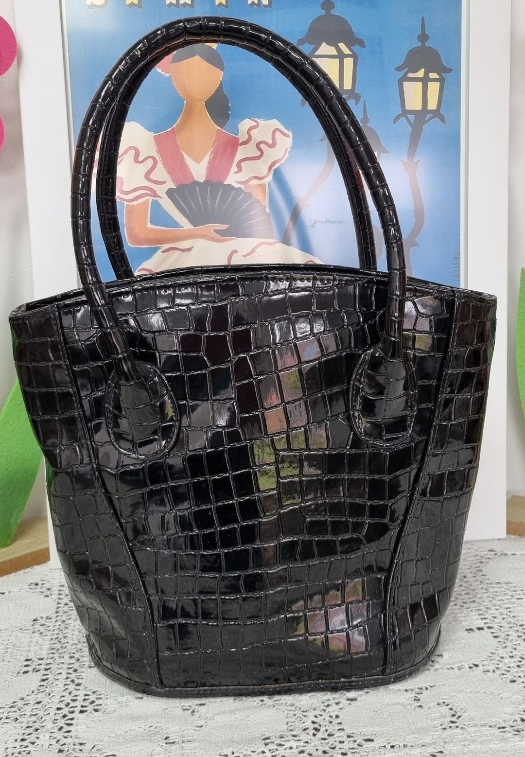 1950's Style Black Mock Croc Bucket Bag - Etsy