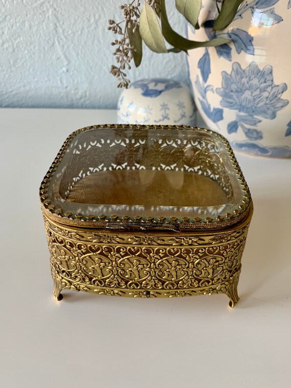 Vintage,trinket box,glass,frosted,metal grape,France,… - Gem