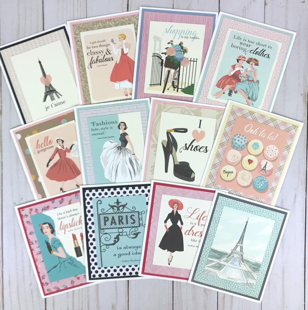 Retro Fashion Cards, Paris Note Card Set of 12, All Occasion Card Set ...