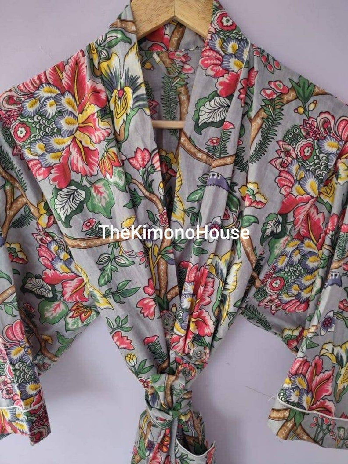 New Grey Floral Kimono Robe Cotton Kimono Robe Bath Robe - Etsy