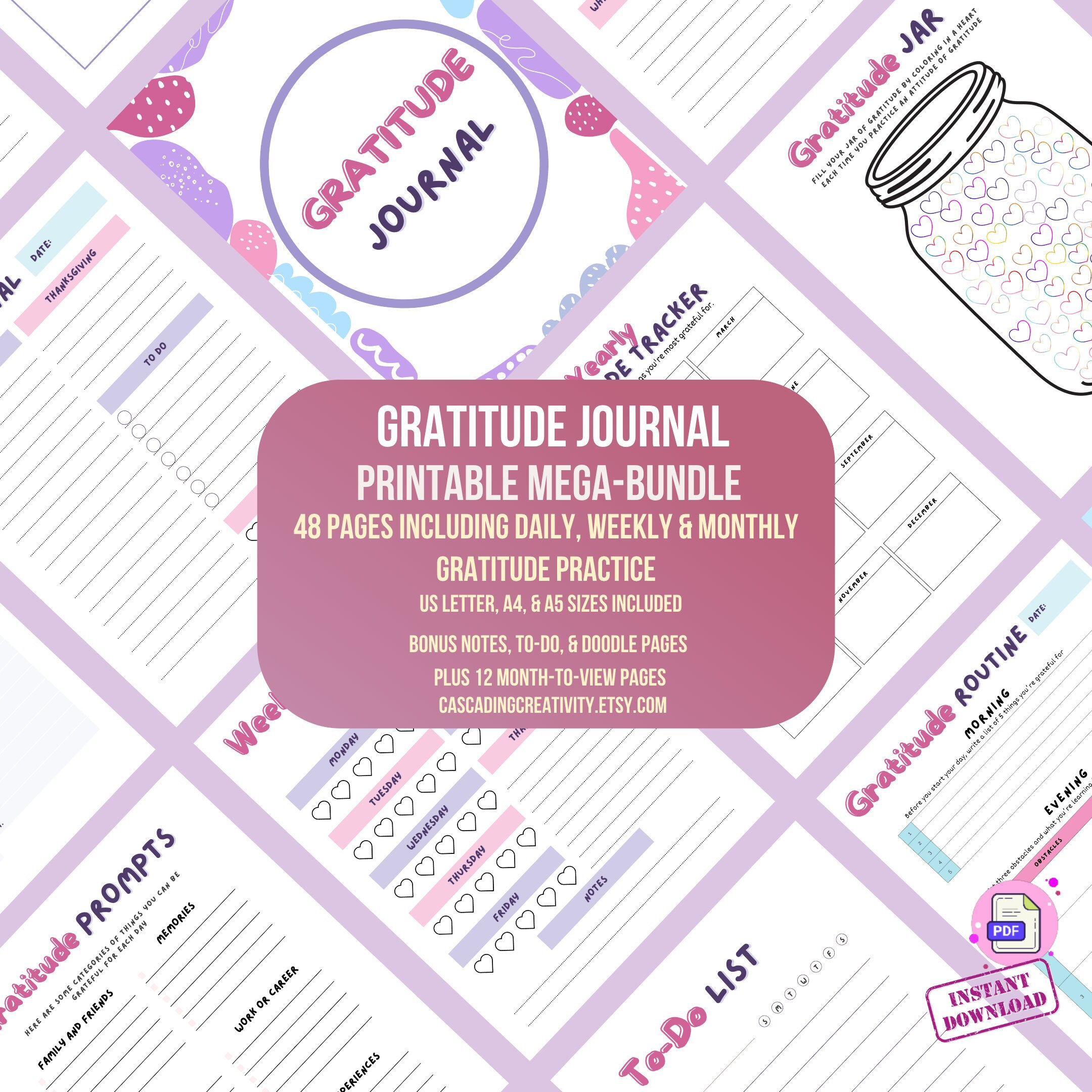 Gratitude Journal Printable Bundle, Practice Daily, Weekly and Monthly ...