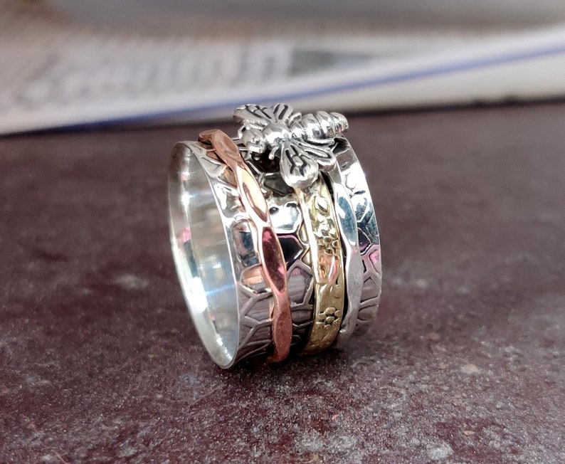 Bee Ring 925 Silver Spinner Ring Queen Bee Ring Anxiety - Etsy