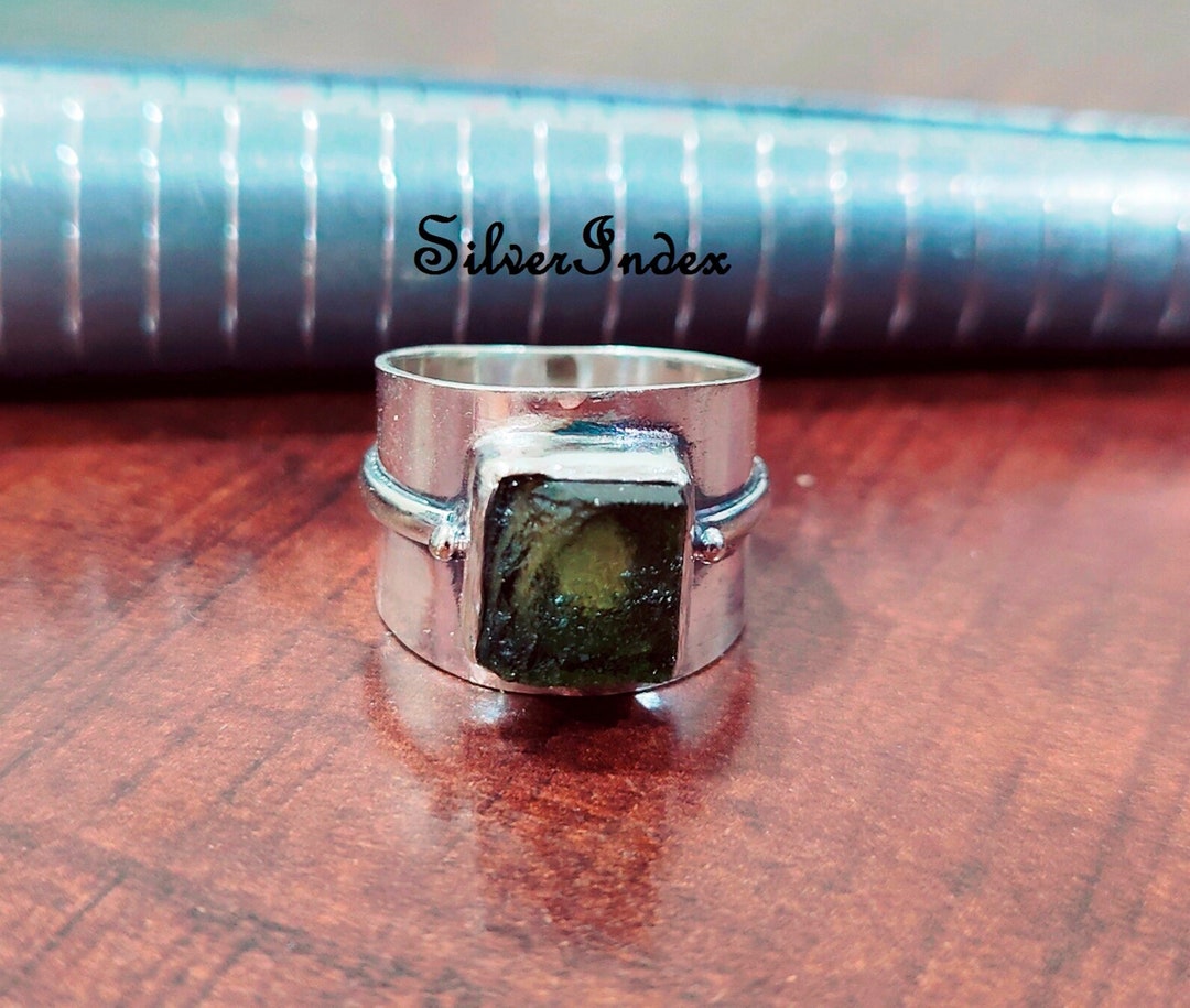 Moldavite Gemstone Wide Band Ring, Women Ring, Sterling Silver Ring ...