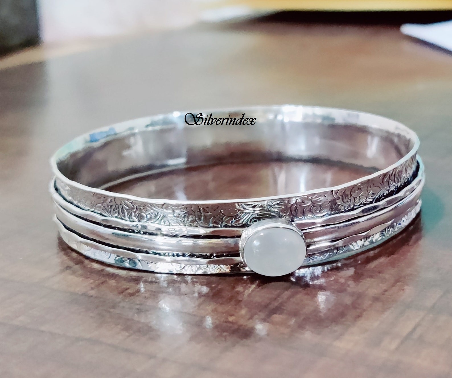 Oval Moonstone Bangle Sterling Silver Spinner Flower Bangle - Etsy