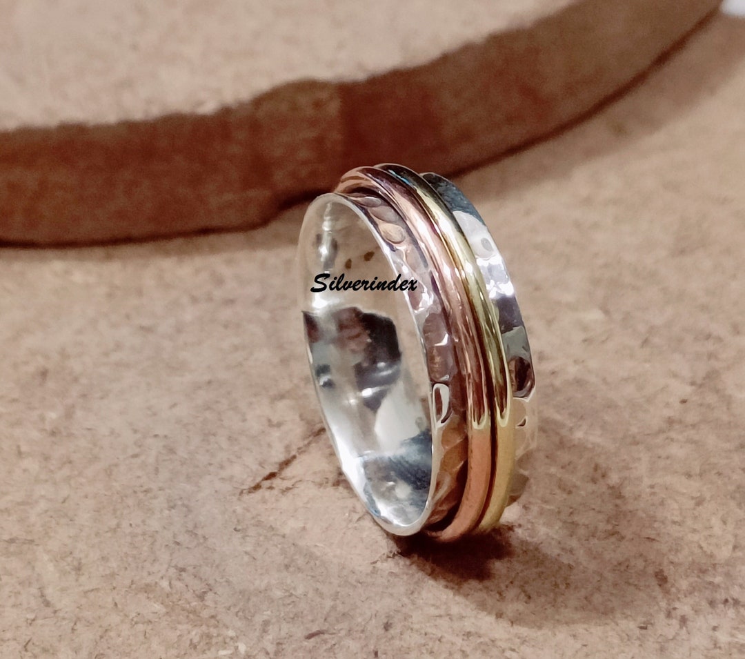 Hammered Solid Silver Spinner Ring, Three Tone Silver and Copper Spin ...