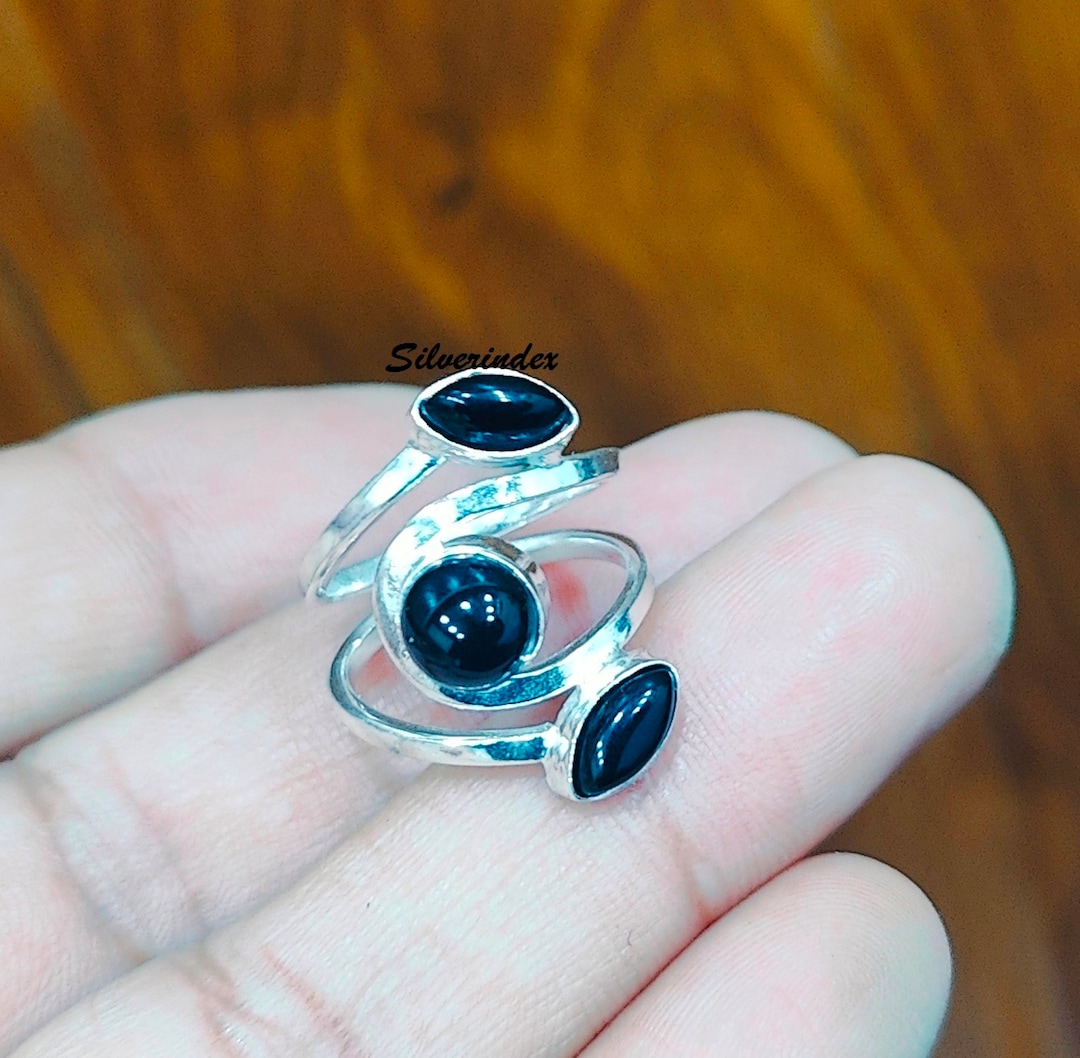 Buy Black Onyx Ring, Three Black Onyx Stone Ring, Signet Ring, Black ...