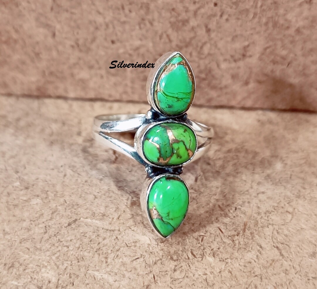 Green Copper Turquoise Handmade Ring Three Stone Band Ring - Etsy