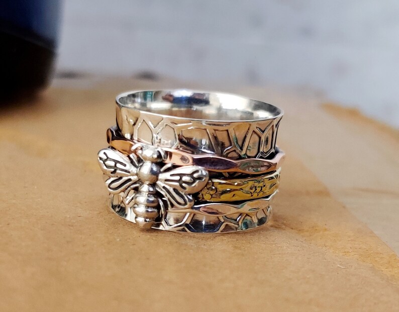 Bee Ring 925 Silver Spinner Ring Queen Bee Ring Anxiety - Etsy
