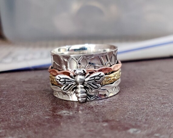Bee Ring 925 Silver Spinner Ring Queen Bee Ring Anxiety - Etsy