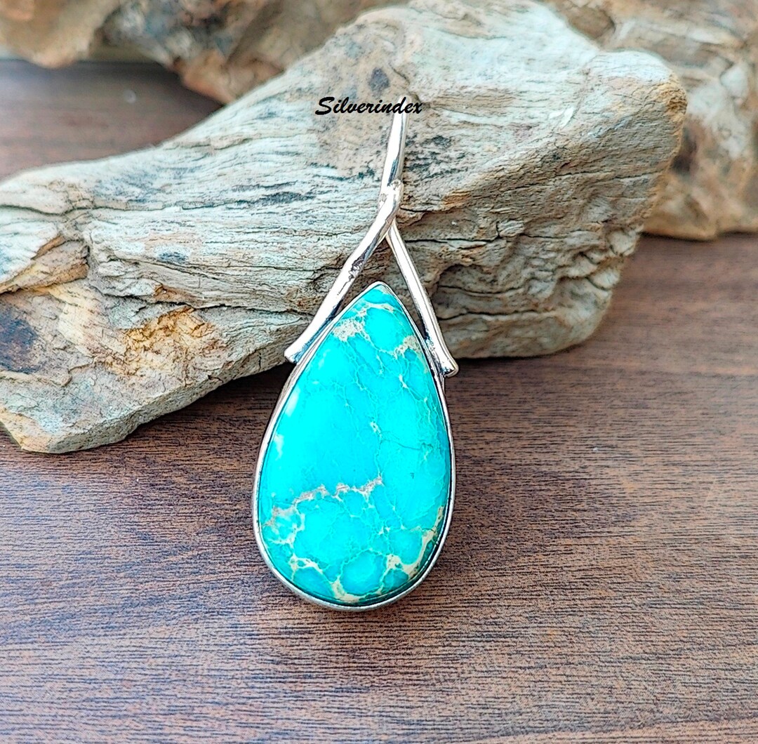 Tear Drop Blue Sea Sediment Jasper Pendant, Solid Silver 925 Sea ...