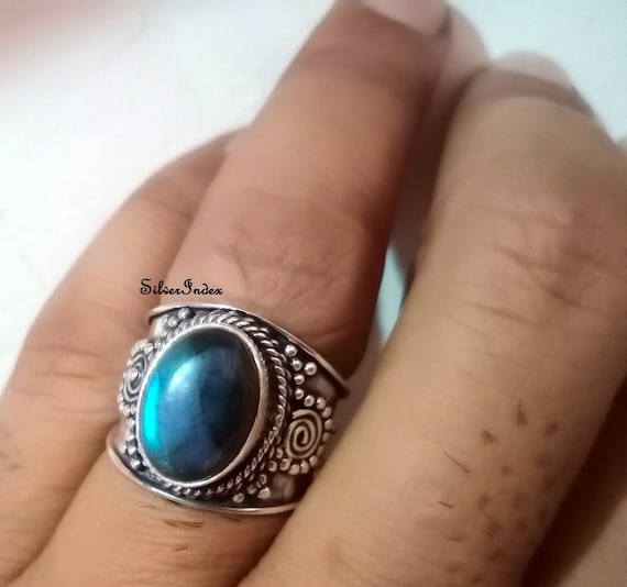 Labradorite Wide Band Ring Fire Stone Ring Sterling Silver - Etsy