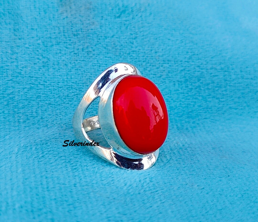 Red Coral Gemstone Ring, Beautiful Bezel Setting Coral Ring for Men ...