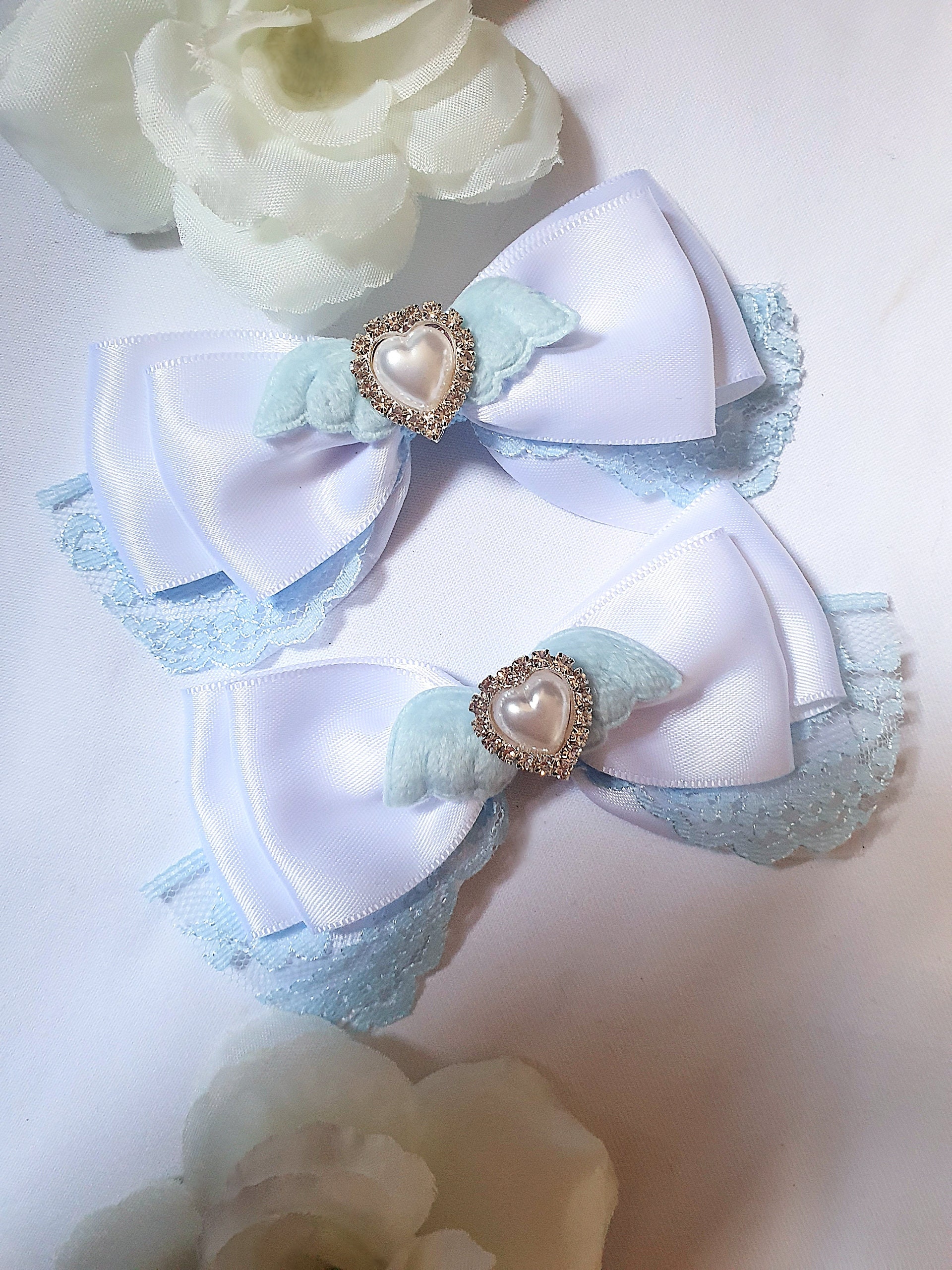 Satin Lace Bow Angel Hair Clips With Rhinestone Heart,tenshi Kaiwai ...