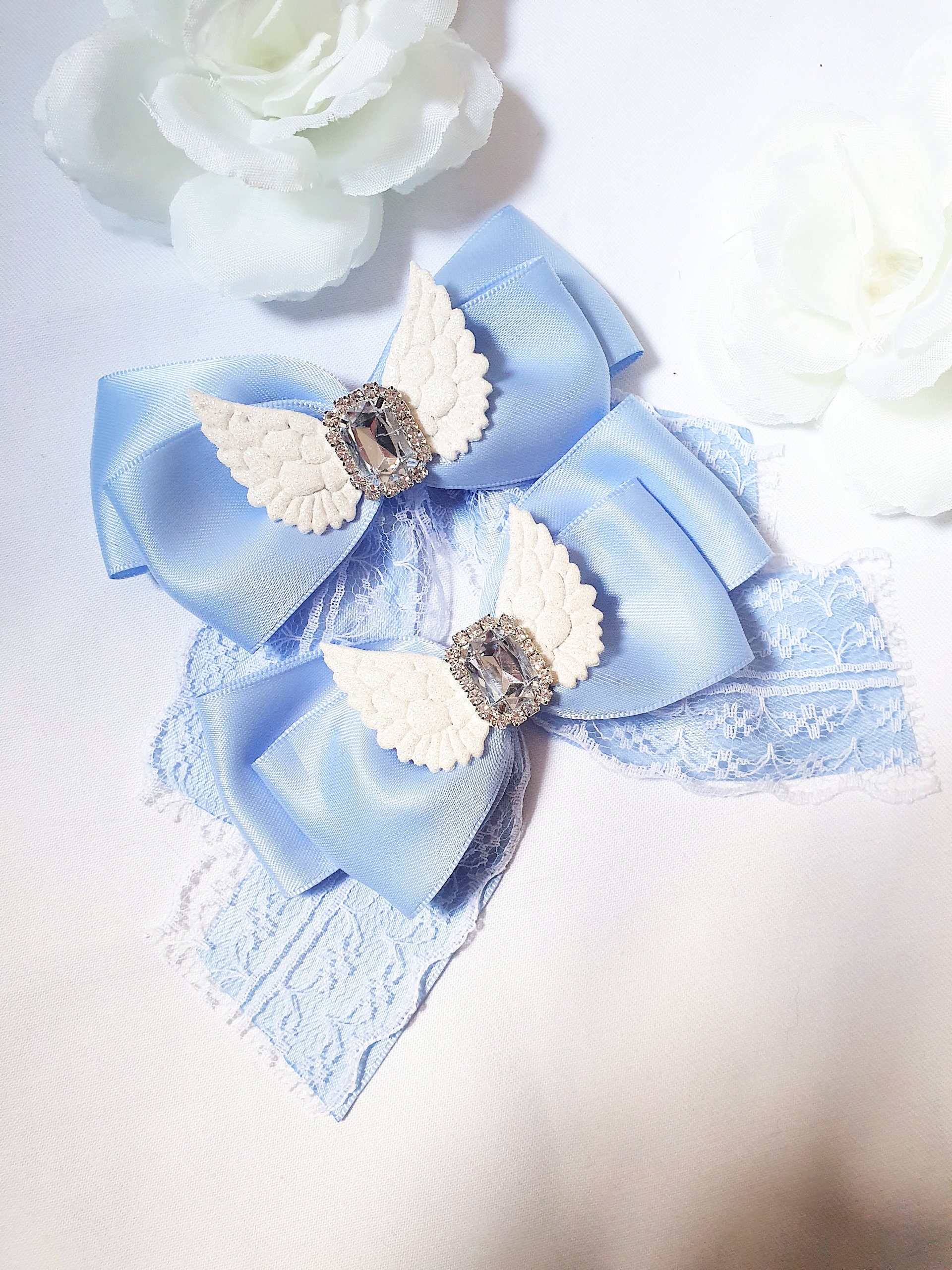 Satin Lace Bow Angel Hair Clips With Rhinestone Heart,tenshi Kaiwai ...