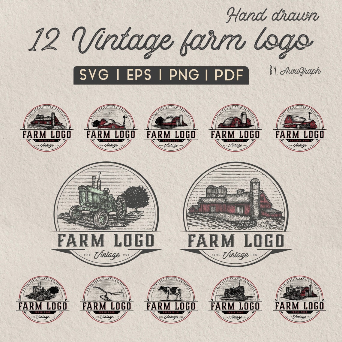 Set Vintage Farm Hand Drawn Logo. Vintage Logo, Barn Logo, Farmhouse ...