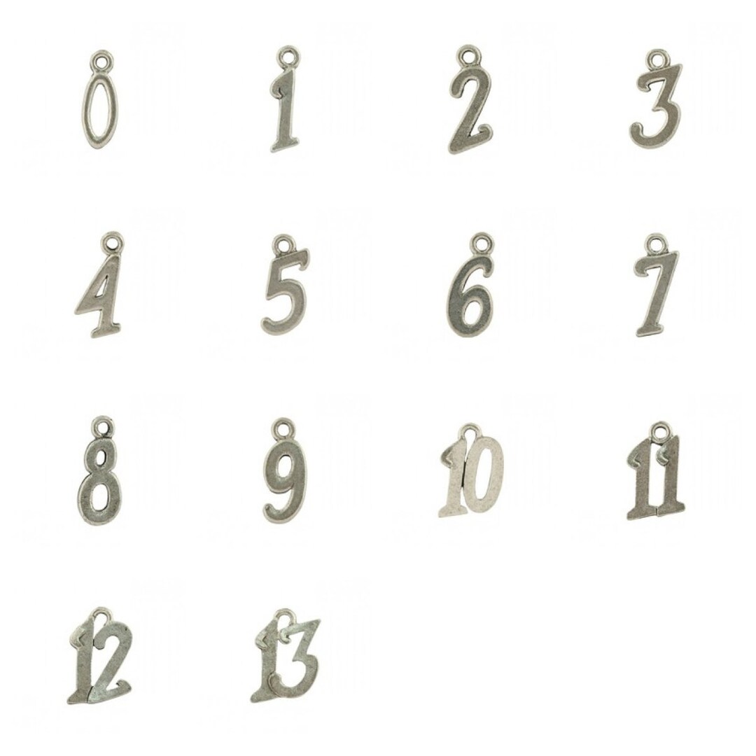 14mm Number Charms, 0 to 13 in Light Silver Plated Pewter Made in USA ...