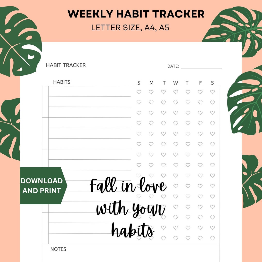 Weekly Habit Tracker Printable With Hearts Cute Minimalist Tracker ...