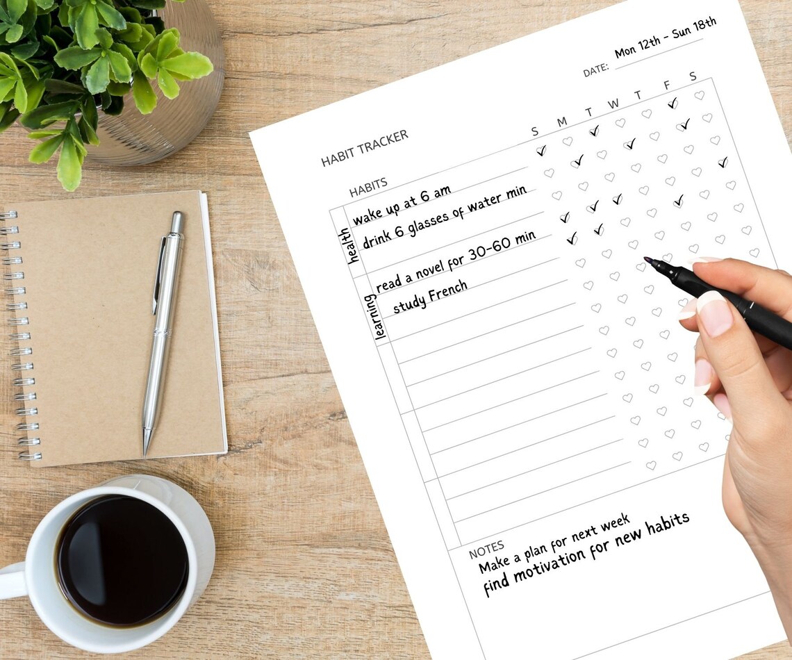 Weekly Habit Tracker Printable With Hearts Cute Minimalist Tracker ...