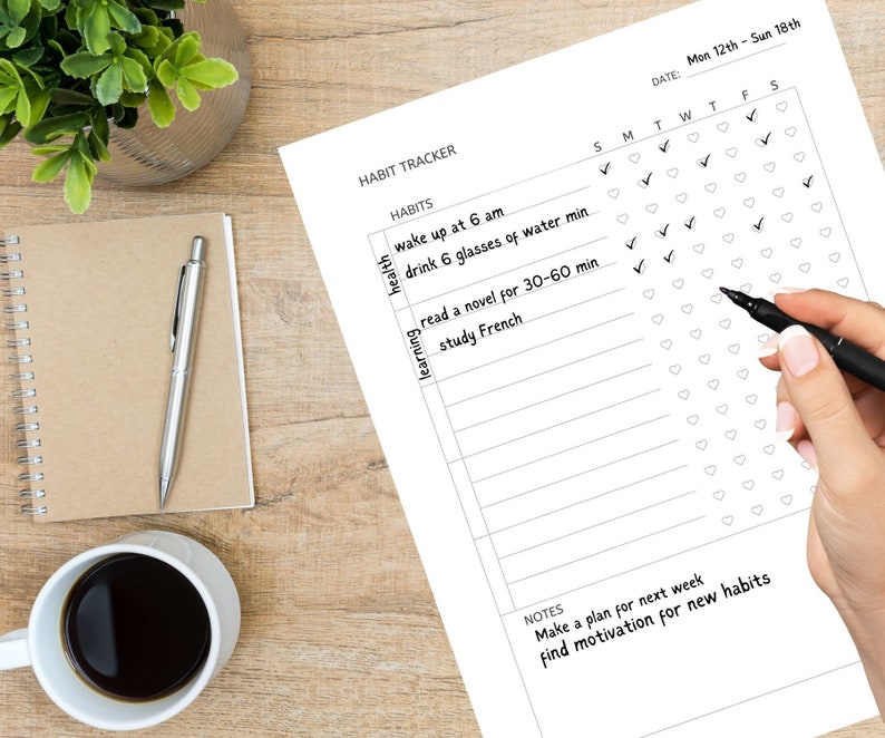 Weekly Habit Tracker Printable With Hearts Cute Minimalist Tracker ...