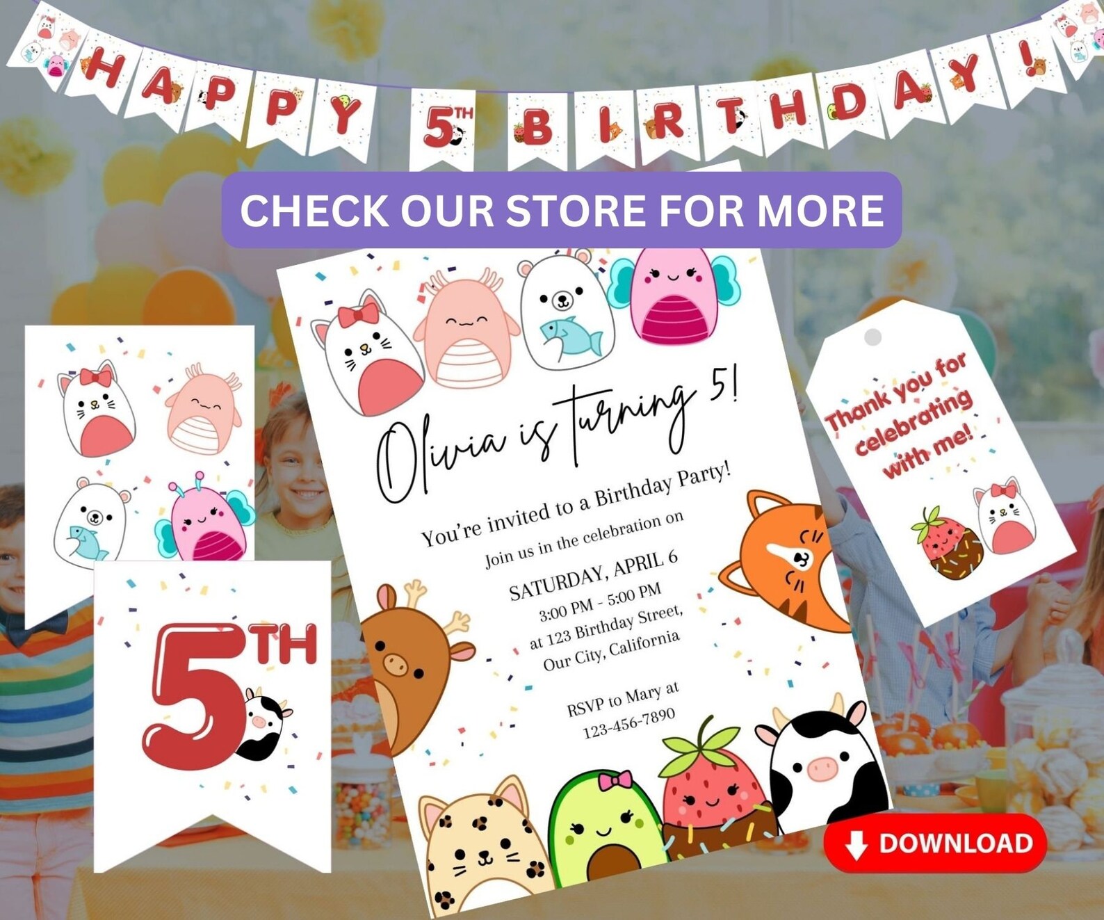 Squishmallow Birthday Invite + Squish Birthday Thank You Tags ...