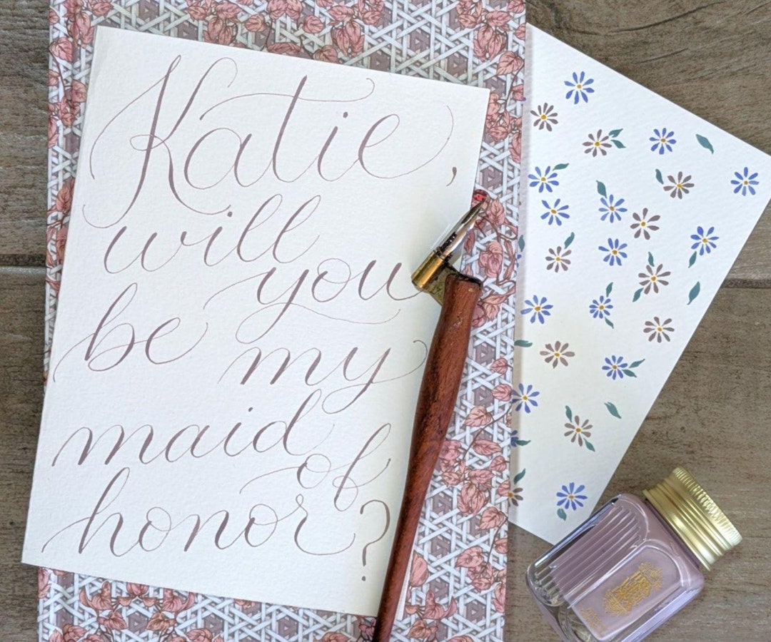 Maid of Honor Proposal, Calligraphy Handwritten Card, Rose Pink, Sage ...