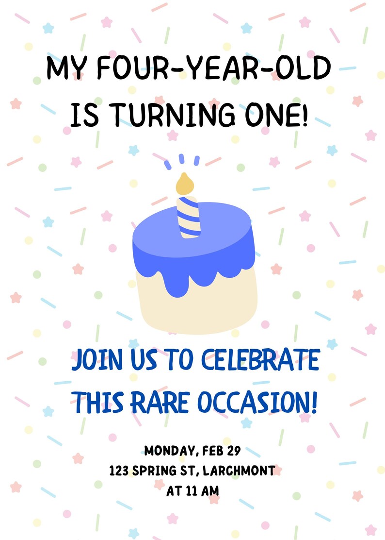 Editable Leap Year Birthday Invite Template, February 29 Birthday ...