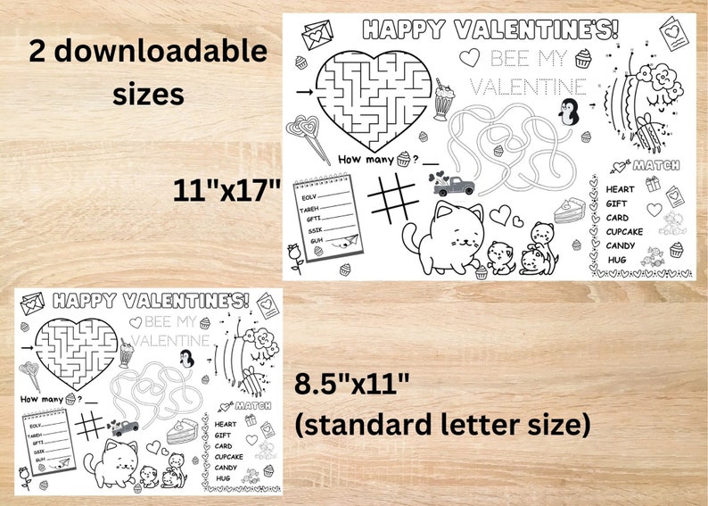 Printable Valentine's Placemat for Kids Letter Size 8.5x11 and 11x17 ...