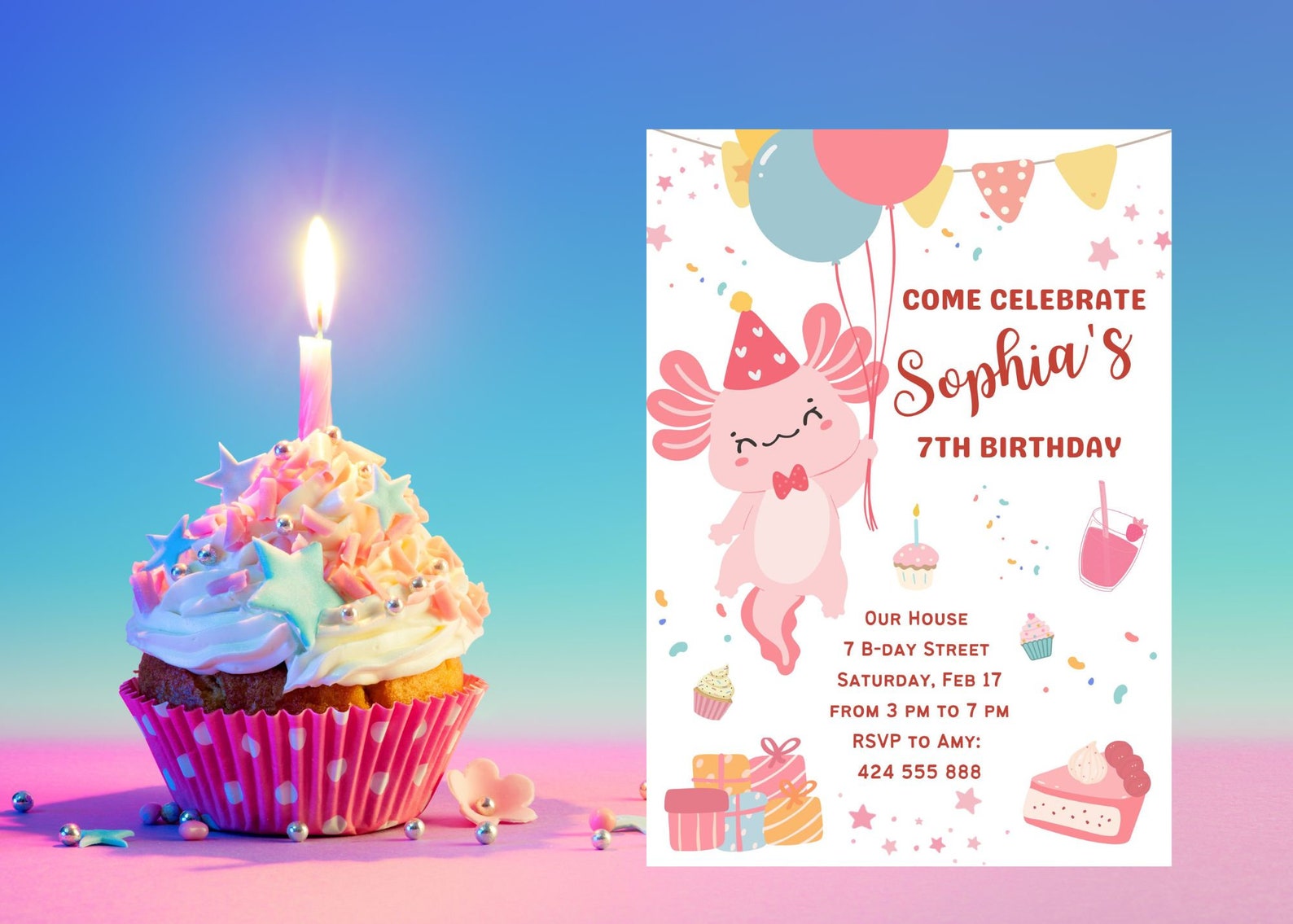 Download&print Pink Axolotl Birthday Invites for Girls and Boys ...