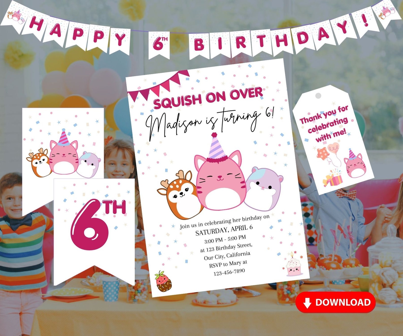 Squishmallow Birthday Invite + Squish Birthday Thank You Tags ...