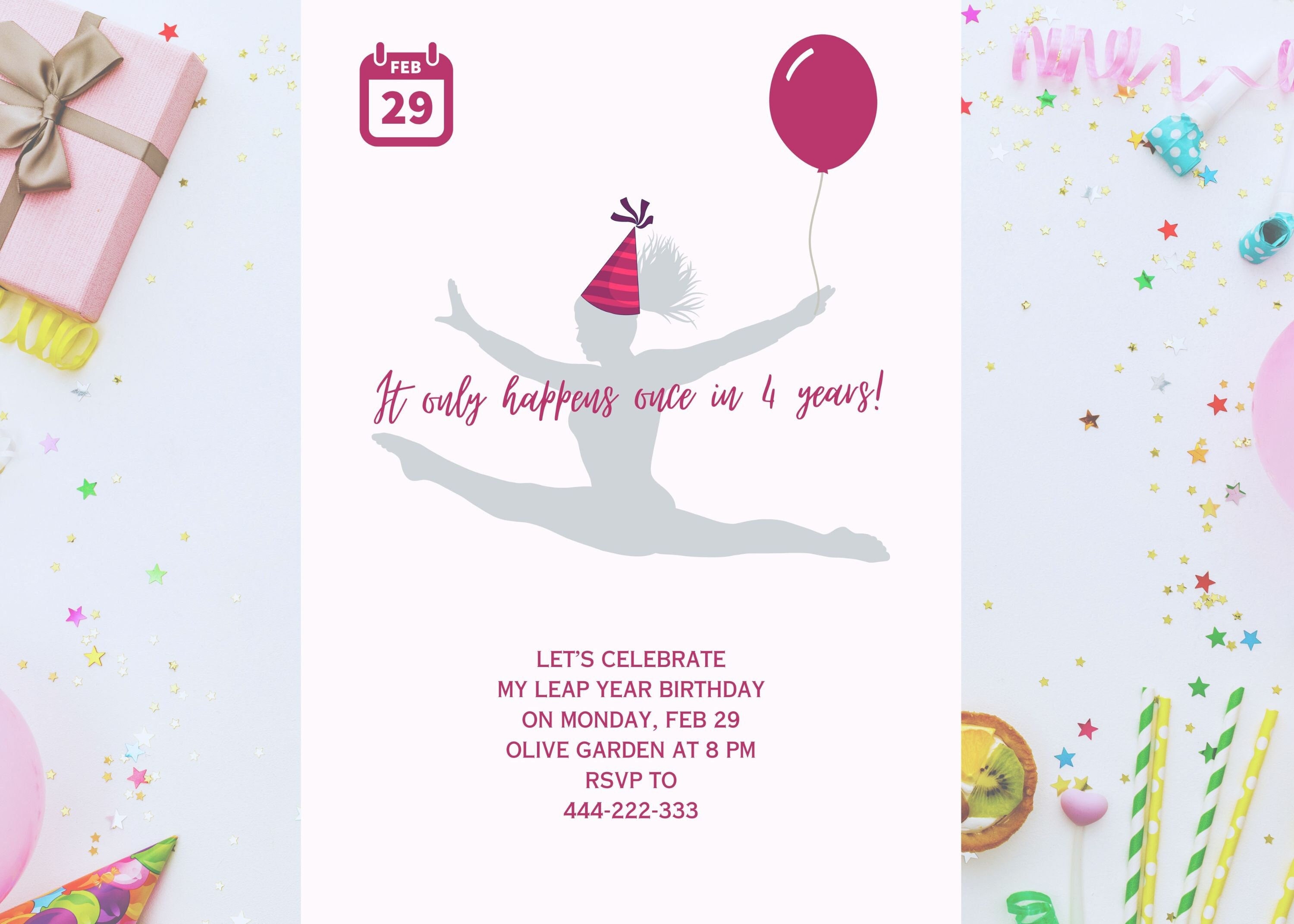 Editable Leap Year Birthday Invite, February 29 Birthday Invitation ...