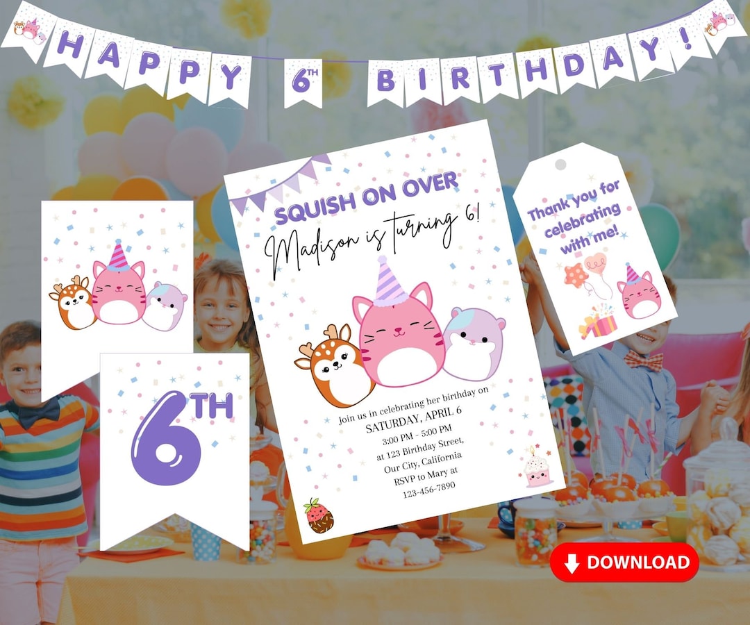 Editable Squishmallow Birthday Invite + Squish Birthday Thank You Tag ...