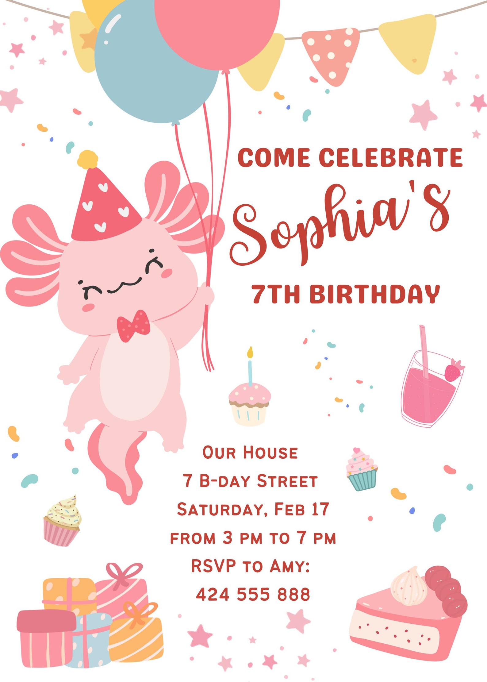 Download&print Pink Axolotl Birthday Invites for Girls and Boys ...