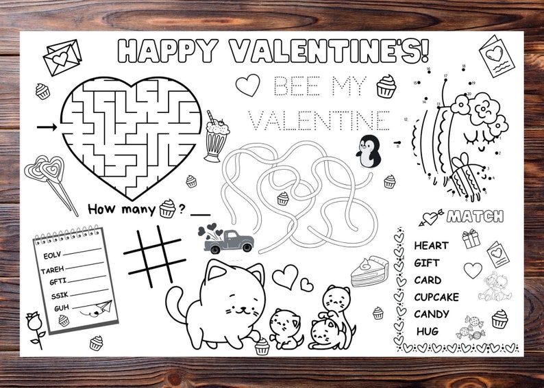 Printable Valentine's Placemat for Kids Letter Size 8.5x11 and 11x17 ...