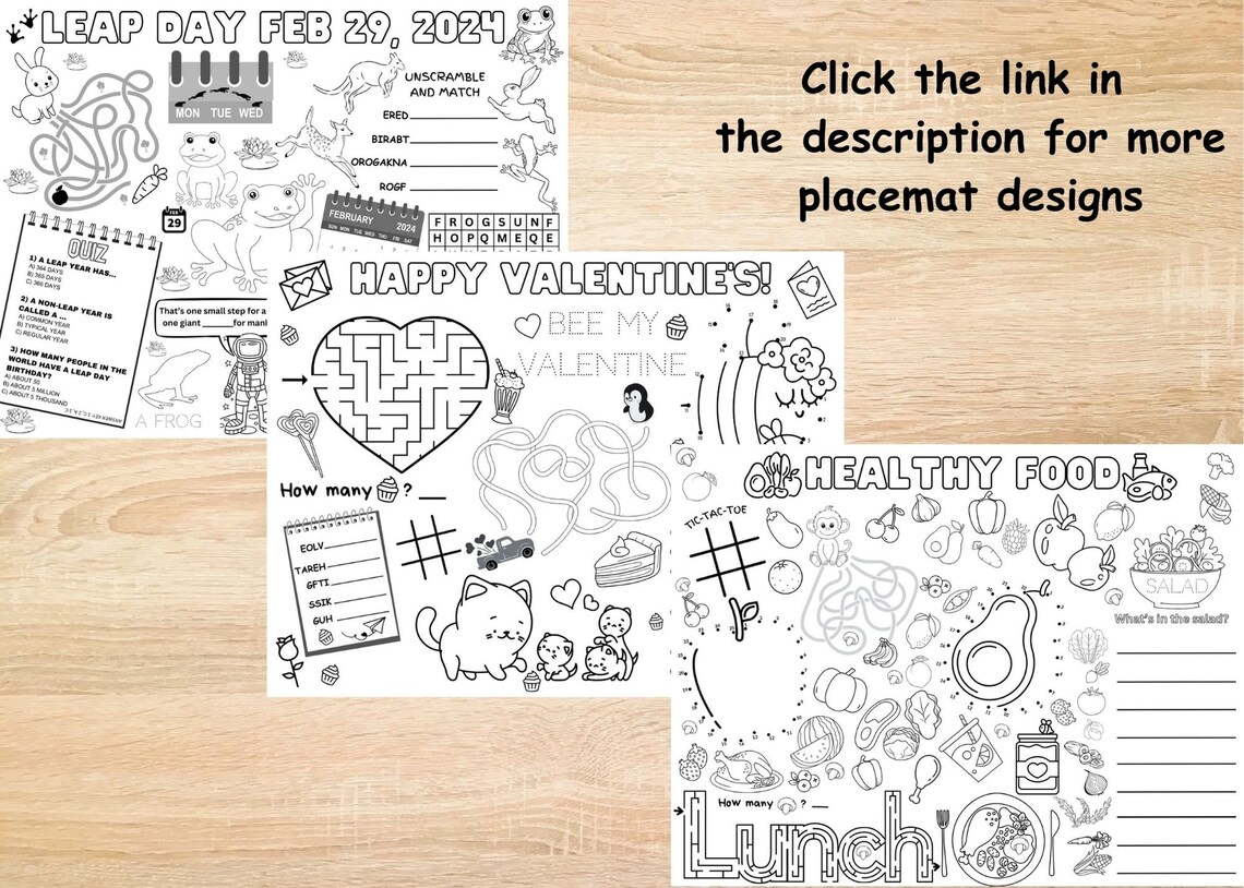Printable Valentine's Placemat for Kids Letter Size 8.5x11 and 11x17 ...