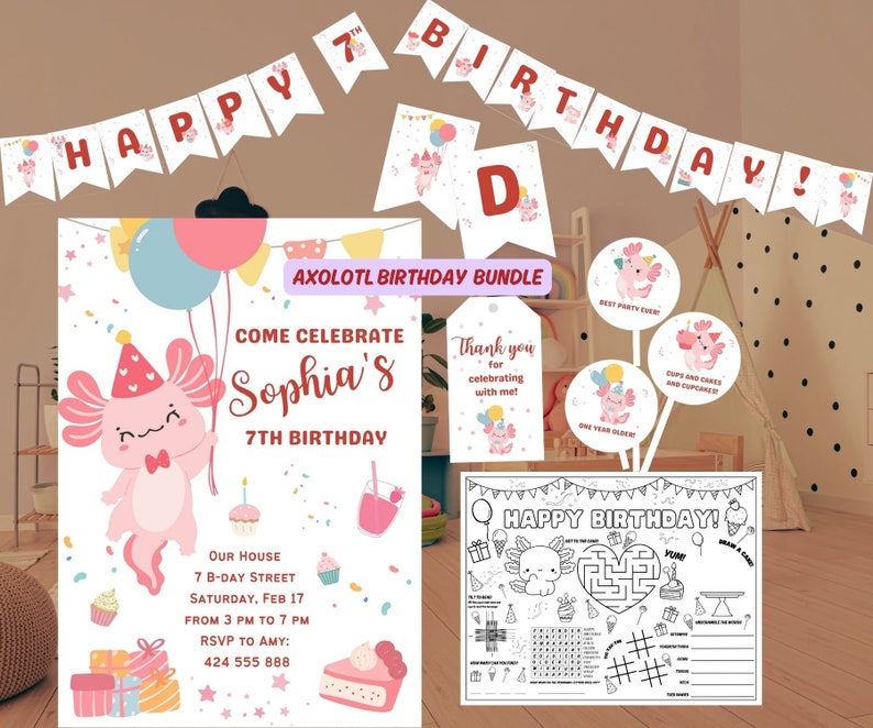 Editable Axolotl Invite Printable Axolotl Birthday Banner Axolotl Thank ...