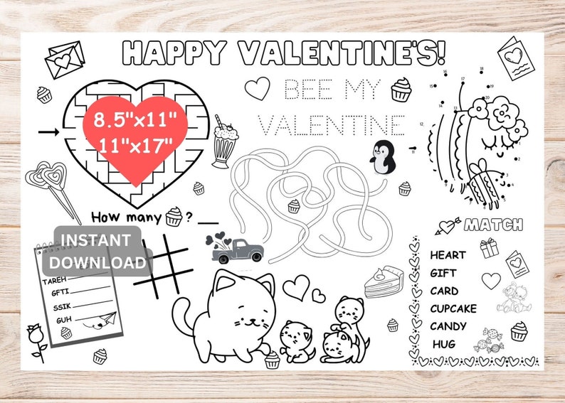 Printable Valentine's Placemat for Kids Letter Size 8.5x11 and 11x17 ...