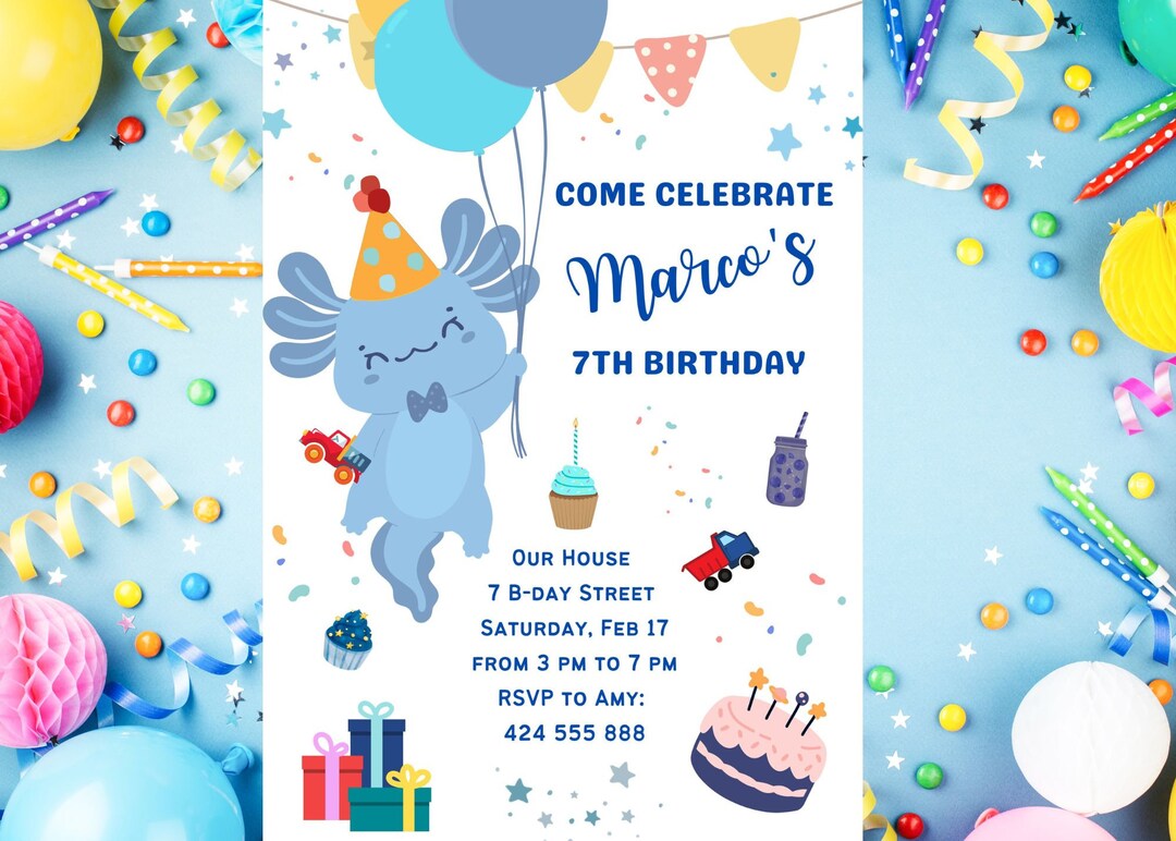 Download&print Blue Axolotl Birthday Invites for Boys - Printable Axie ...