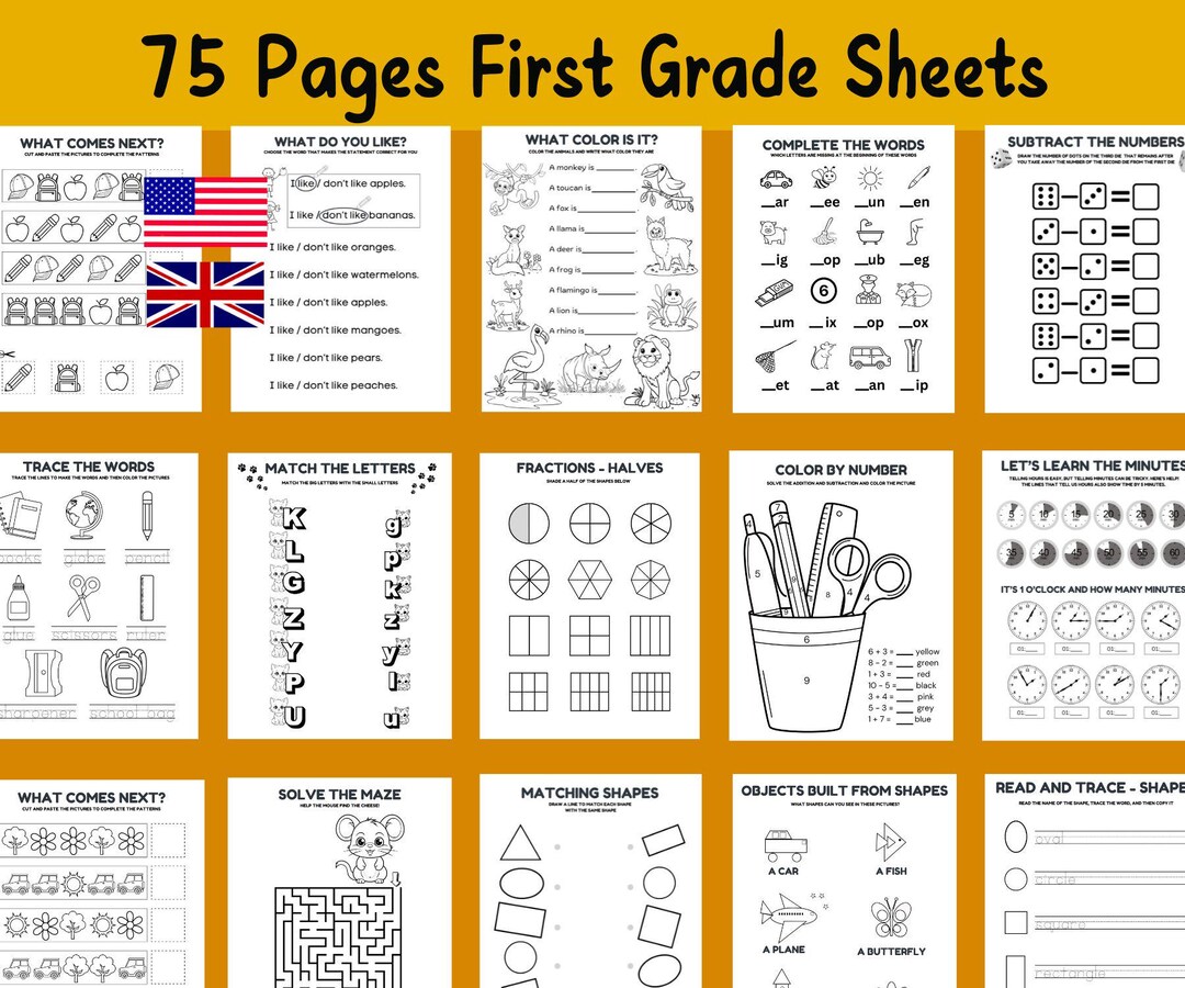 75 Pages Printable First Grade Exercise Sheets, First Grade Math, First ...