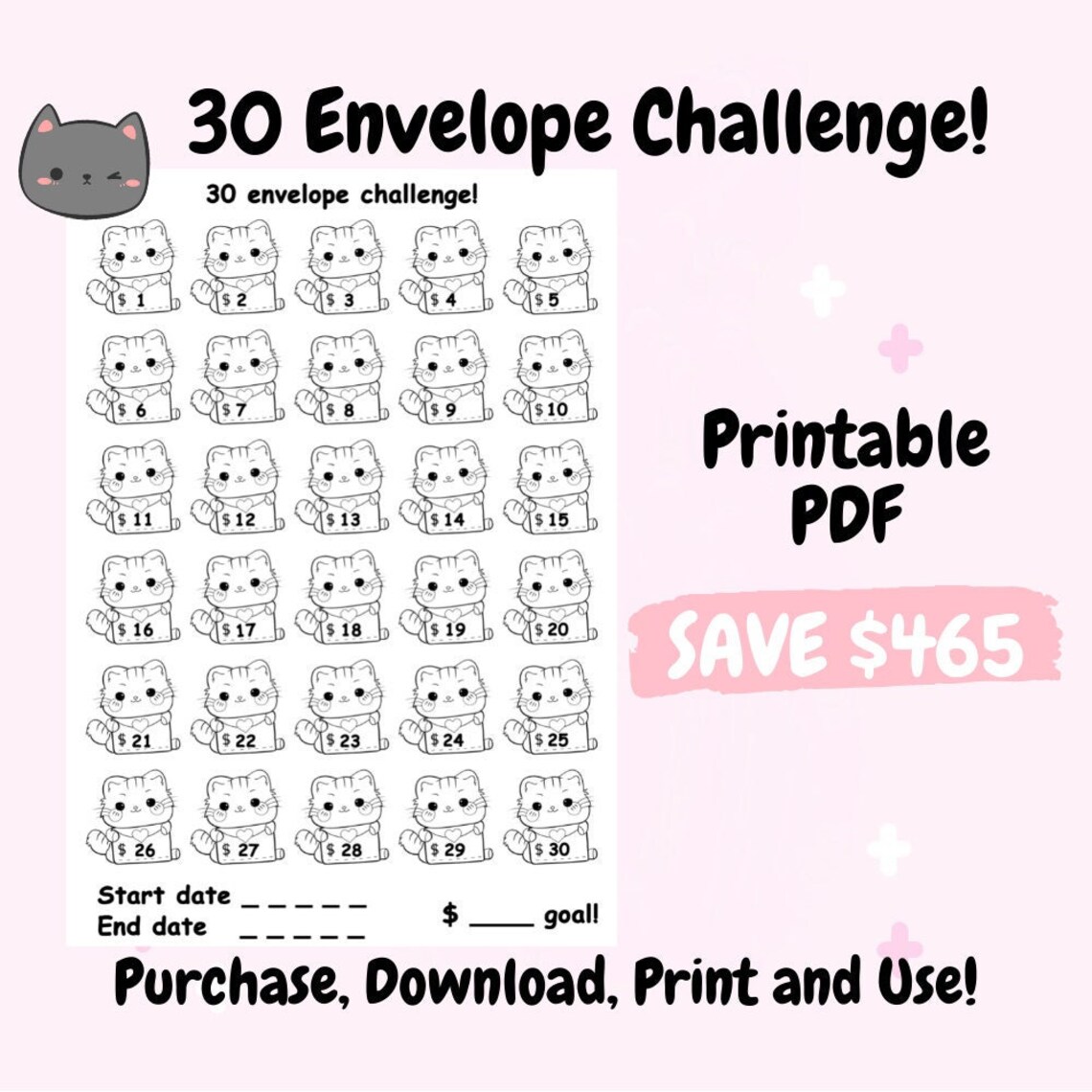 Printable Kawaii Cat Kitty Money Saving Challenge30 Day Money - Etsy